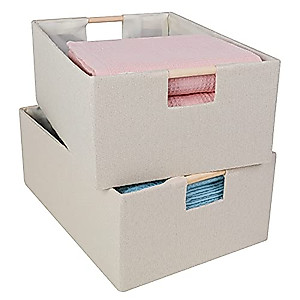 ANMINY 2PCS Storage Bins Set Foldable Cotton Linen Open Storage Baskets Box with Wood Handles Decorative Nursery Baby Kid Toy Clothes Towel Laundry Organizer Container Solid Color - Medium, Beige