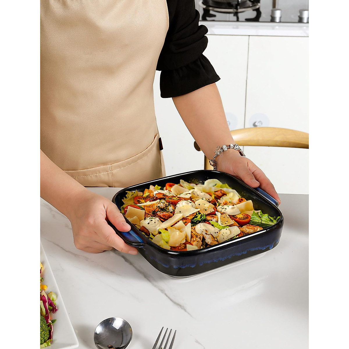 Ceramic Baking Dish - 8x8 Deep Square Baking Pan, Lasagna Pan with Double Handles, Non-Stick Casserole Pan for Oven, Brownie, Lasagna, Roasting - Home Gift (Reactive Glaze Blue)