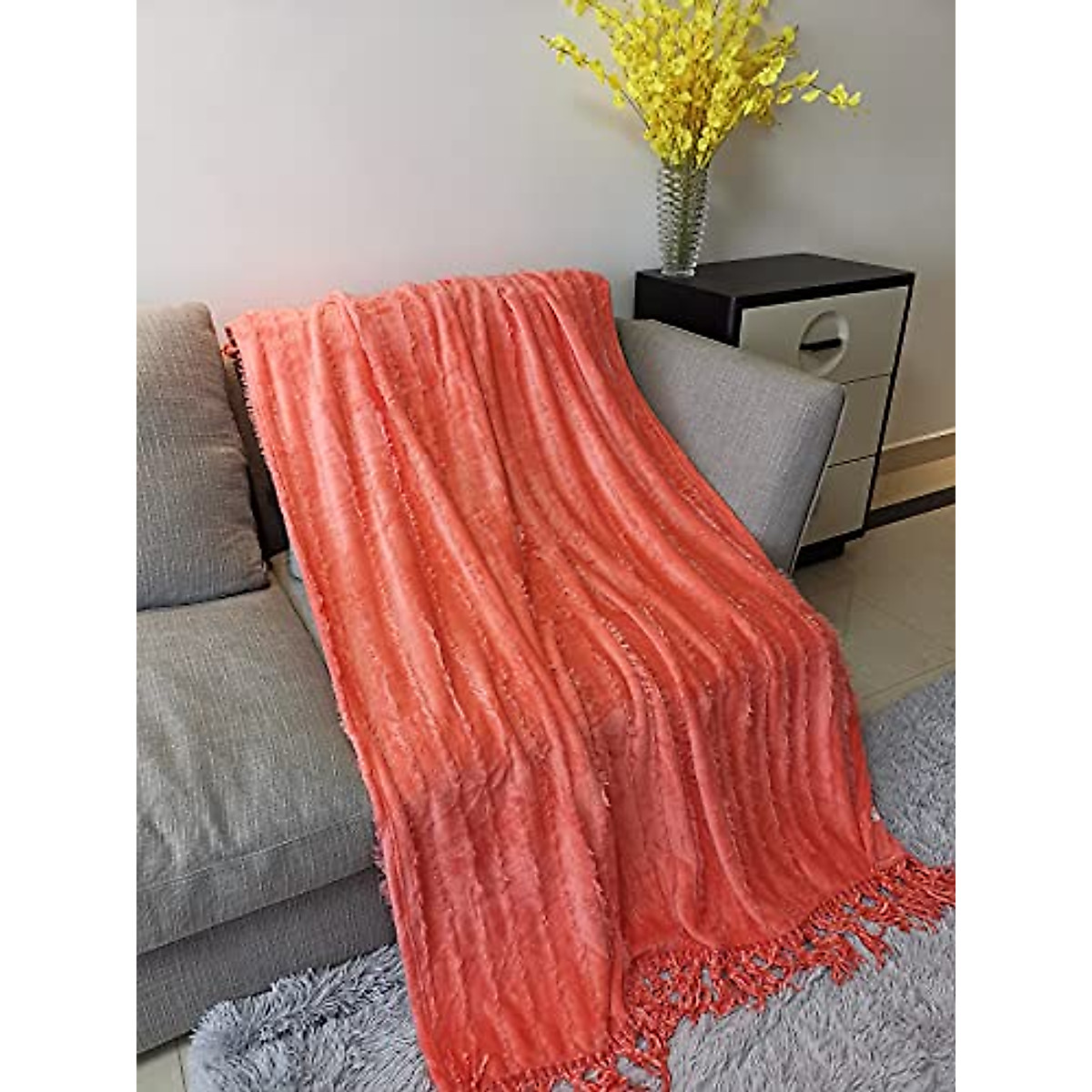 Cazlon Eyelash Textured Boho Style Decorative Throw Blanket with Chenille Tassels,100% Oeko-Tex Certified Flannel Blanket,Lightweight Cozy Throw for Bed Sofa Couch (50"x60", Coral Orange)