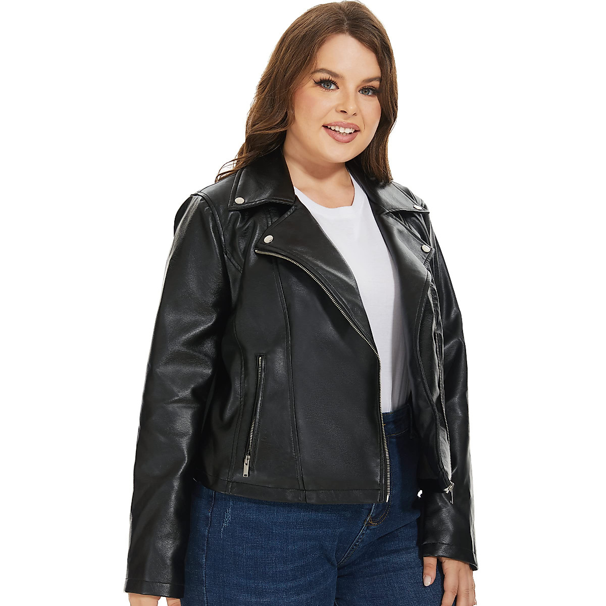 Fahsyee Women's Faux Leather Jackets - Black Zip Up Plus Size Motorcycle Short PU Moto Biker Outwear Fitted Slim Coat 4X