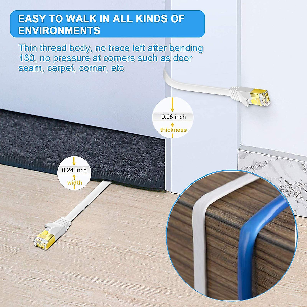 Flat Cat6 Ethernet Cable 200 Ft with Cable Clips, comtelek cat 6 Ethernet Rj45 Patch Cable, Slim Network Cable, Thin Internet Computer Cable - 200 Feet White(60 Meters)…