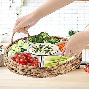 AVLA Ceramic Divided Serving Dishes, Porcelain Relish Tray, Party Appetizer Platter, 6 Removable Snack Bowls with Cattail Basket for Chips and Dips, Candy, Nut, Condiment, Veggie, Portable Handle