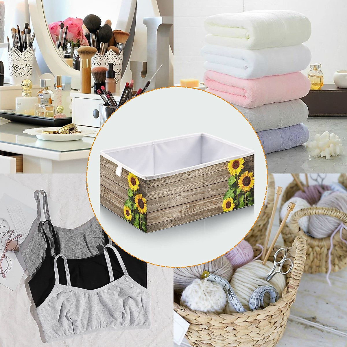 Wood Sunflower 11x11 Storage Cubes Fabric Storage Cubes Storage Bins with Handles Storage Boxes for Organizing Home, Office, Nursery, Shelf, Closet, Pack of 1
