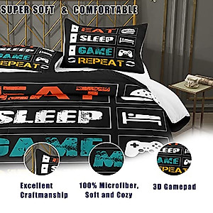 Bodhi Gaming Comforter Set Full,Gamer Bedding Sets for Boys Kids, Eat Sleep Game Repeat Design Comforter Set,3 Pieces Microfiber Game Bed Set (1 Gamer Comforter +2Pillowcases)