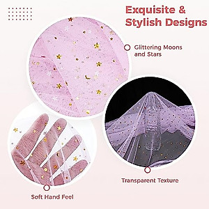 Gold Glitter Sequin Tulle Fabric Star Moon Tutu Skirt Dress Sewing, 63" x 11 Yard Birthday Ribbon Wedding Veil Backdrop Decoration Gauze