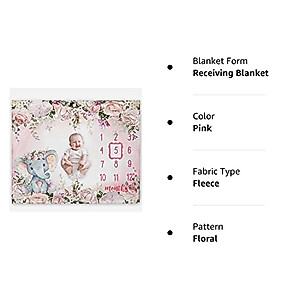 Popfavors Yuzioey Baby Girl Monthly Milestone Blanket, Floral Elephant Month Blanket for Newborn Baby Shower, Pink Elephant Girl Flower Blanket Growth Chart Monthly Blanket, Includes Marker (50x40)