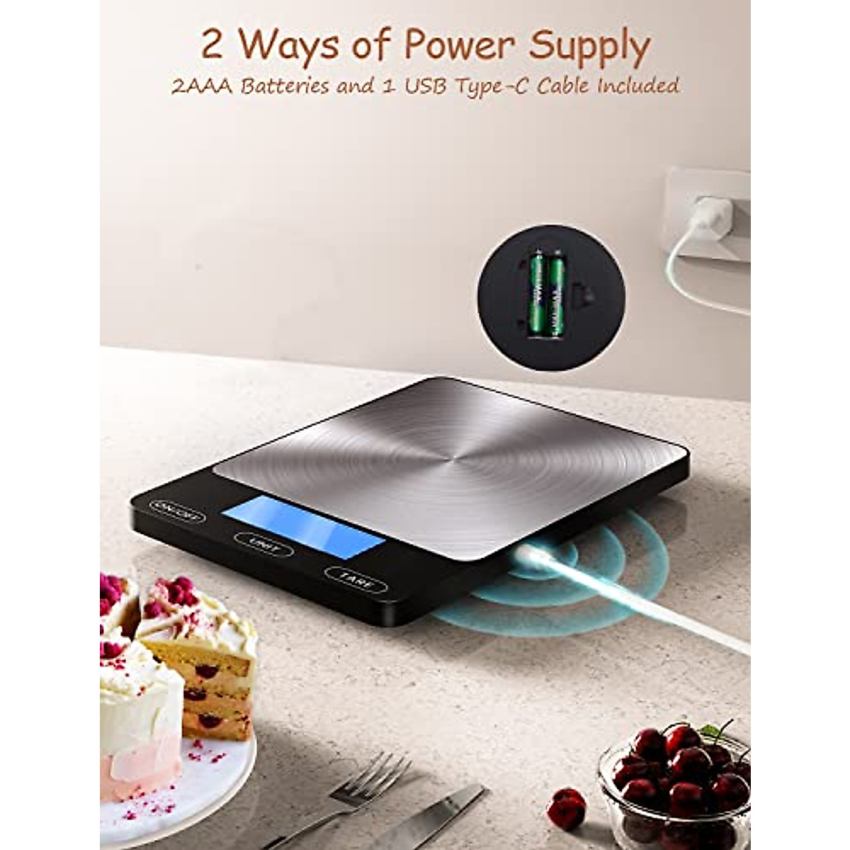 Food Scale -33lb Digital Kitchen Scale for Food Ounces Grams Rechargeable 304 Stainless Steel,Batteries and Type-C Charging | Perfect for Meal Prep, Cooking, and Baking