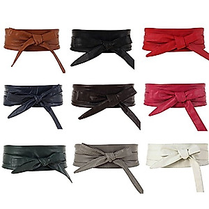 Aecibzo Women's PU Leather Self Tie Wrap Around Obi Waist Band Cinch Boho Belt (Brown, Fit waist 22”-34.5”)