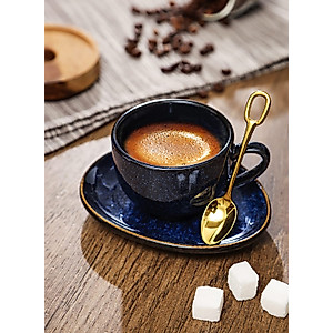 vicrays Ceramic Espresso Coffee Cups Set 4 oz Porcelain Espresso Cups with Saucers Spoons and Metal Stand for Tea Cafe Cappuccino Latte - Set of 6 - Blue
