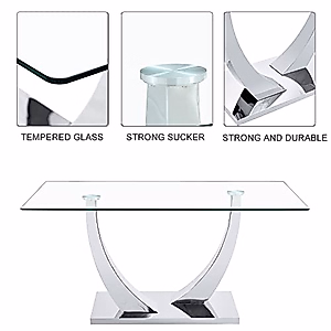 62.8" Rectangular Glass Dining Table for 4-6 with 0.39" Tempered Glass and Silver Chrome Metal Special-Shaped Bracket, for Kitchen Dining Living Meeting Room Banquet Hall