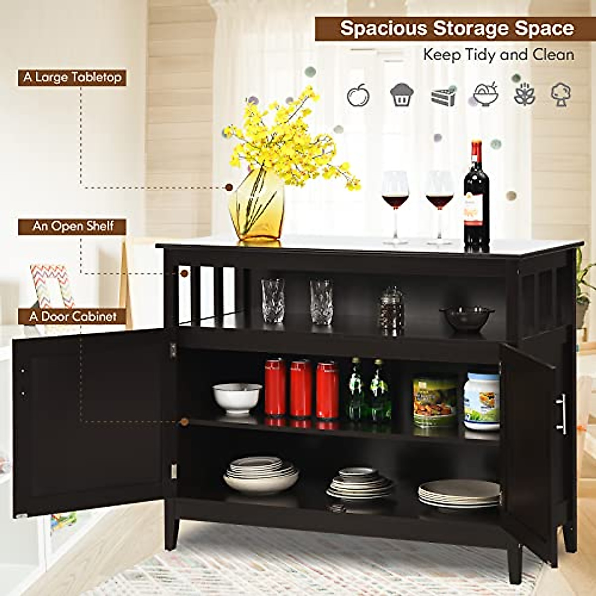 Costzon Buffet Cabinet with Storage, 45"L x 20"D x 36"H Large Wooden Kitchen Sideboard with 2-Level Shelf, Open Doors, Coffee Station Side Boards for Living Room, Home Coffee Bar, Bathroom (Espresso)