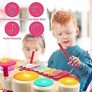Popsunny Baby Musical Toys, 5 in 1 Toddler Drum Set Electronic Piano Keyboard Xylophone with Lights, Music Instruments Learning Toys Gifts for Boys Girls 1 2 3 Years Old