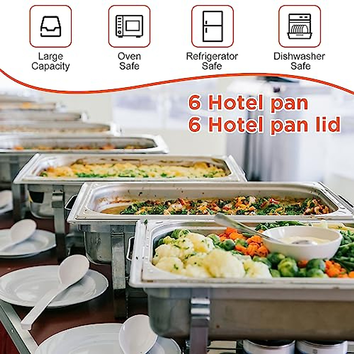 Dandat 6 Pack Full Size Steam Table Pans Deep Hotel Pan with Lid Thick Stainless Steel Pans Restaurant Commercial Trays Steam Food Containers for Chafing Dish Buffet, 20.8 x 12.8 x 3.9 Inch