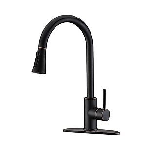 Kitchen Faucet with Deck Plate, Single Handle Solid Brass, Pull Out Sprayer Kitchen Sink Faucet Oil Rubbed Bronze, High Arc Pull Down Kitchen Faucet
