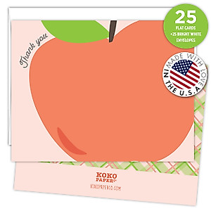 Koko Paper Co Apple-Themed Thank You Cards for Teacher Appreciation, Autumn Celebrations, and More! 25 Flat Cards + 25 Bright White Envelopes. Made in the U.S.A.