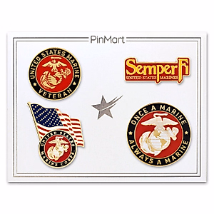 PinMart Officially Licensed U.S.M.C. Veteran 4-Piece Lapel Pin – Military Insignia United States Marine Corps Logo Pins – Gold Plated Enamel Brooch with Secure Clutch Back
