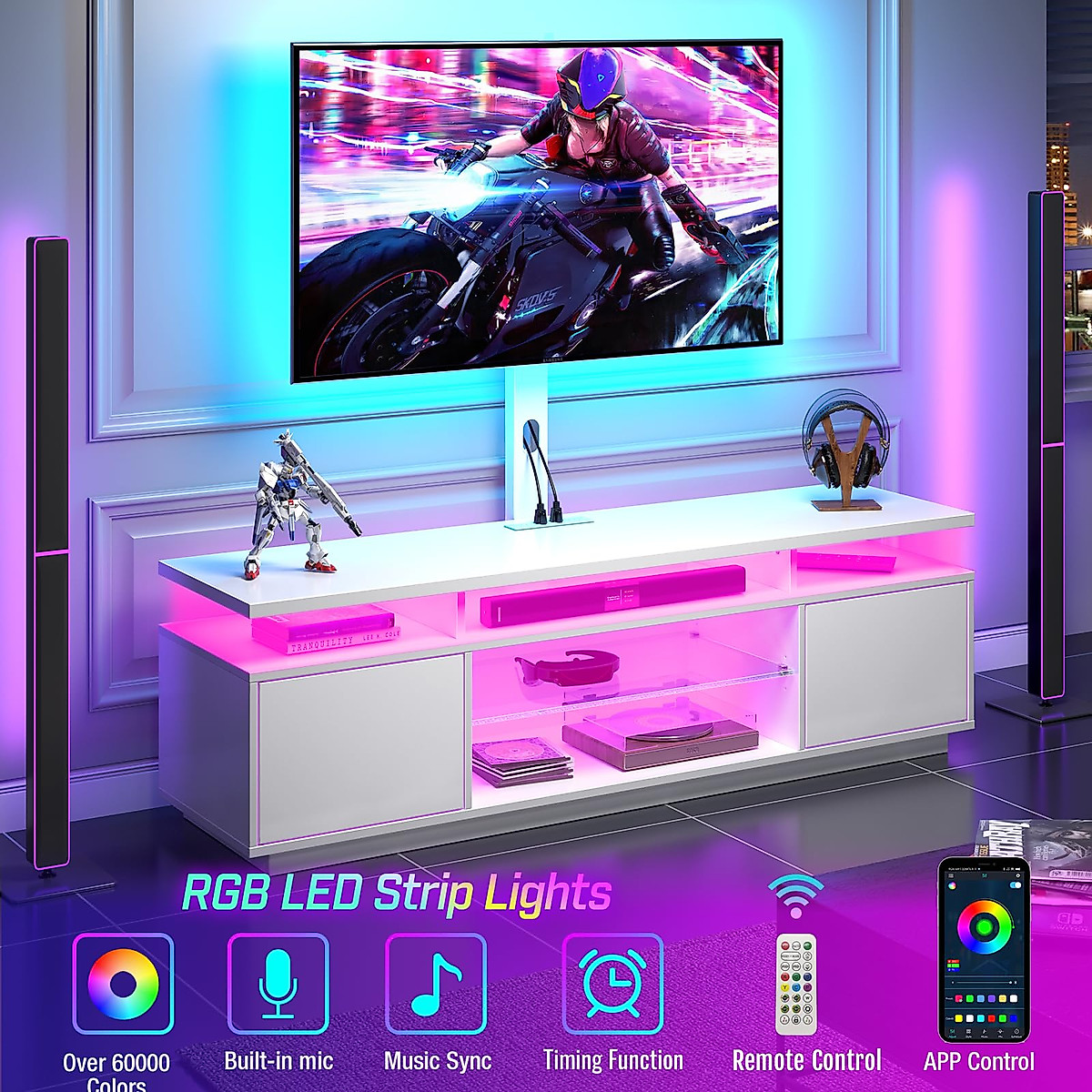 Rolanstar TV Stand with Mount and Power Outlet 51.2", Swivel TV Stand Mount for 32/45/55/60/65/70 inch TVs, Height Adjustable Modern Entertainment Center with Storage & LED Lights, TV Table White