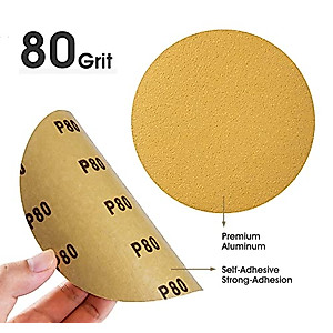 Shawya 100 PCS 6 Inch Gold PSA Sanding Discs 80 Grit Self Adhesive Sticky-Back Sandpaper for DA Sander Automotive Car Paint Woodworking Wood Metal Finishing