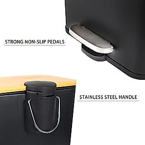 SIDIANBAN Small Trash Can with Bamboo Lid Soft Close and Foot Pedal, 1.3Gal/5L Rectangular Garbage Can with Inner Wastebasket for Bathroom,Bedroom, Office, Kitchen, Black