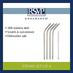 RSVP International Endurance Stainless Steel 8.5" Drink Straws, 4 Count | 5mm Fits Most Tumblers | Reusable & Durable | For Smoothies, Frappes, Sodas, Tea & More | Dishwasher Safe
