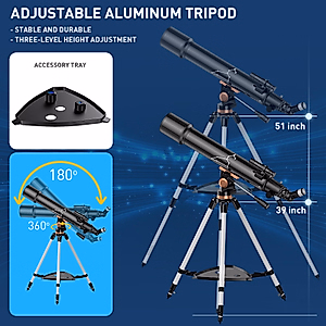 Qniuco Telescope, 80mm Aperture 800mm Telescopes for Adults Astronomy & Kids & Beginners, Portable High Powered Refracting Professional Telescope with an Adjustable Tripod, a Bag, a Phone Adapter