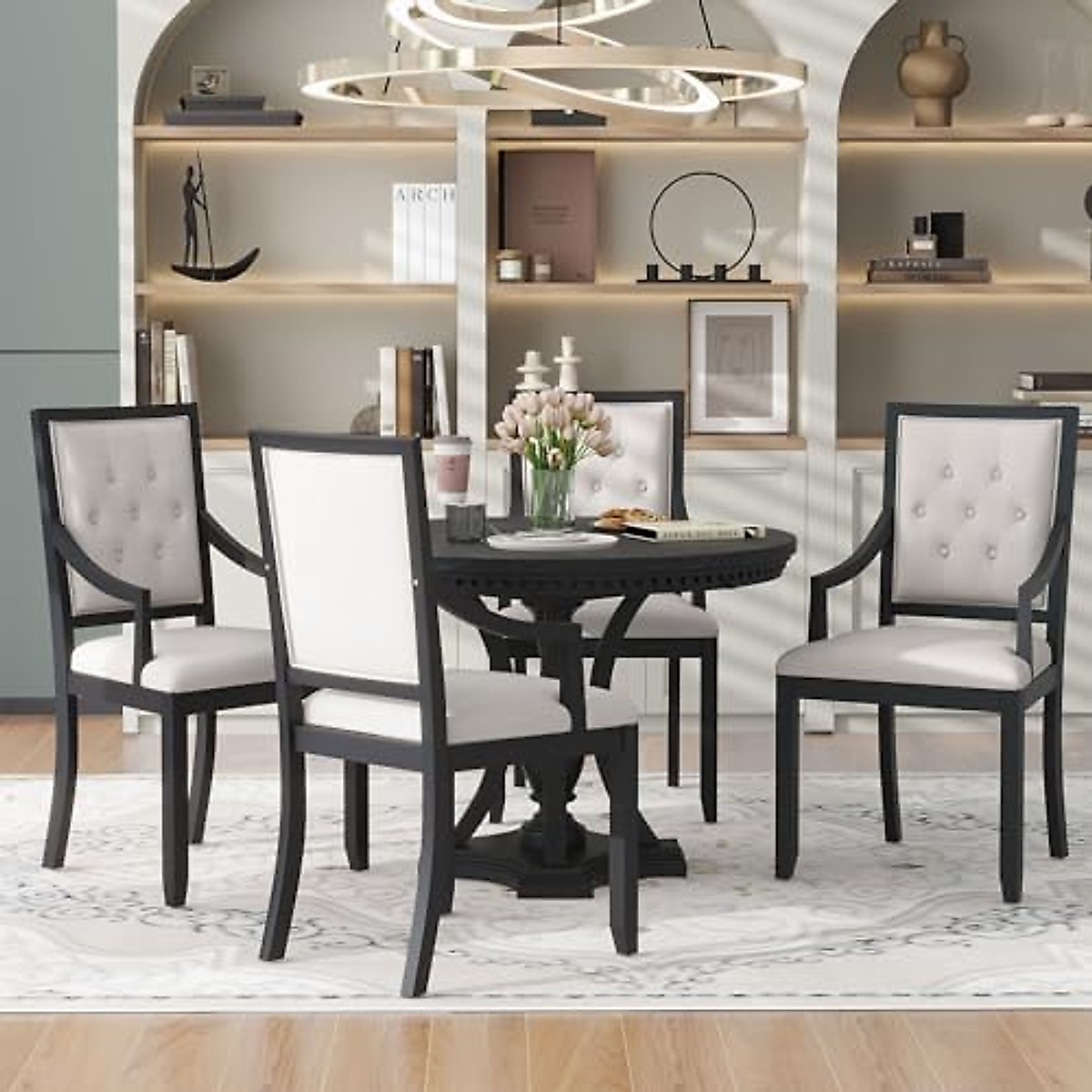 Mystiqueserenity 5 Piece Dining Table Set,Classic Extendable Dinner Set,with Round Table and 4 Upholstered Chairs,for Dining Room,Kitchen(Black Oak)