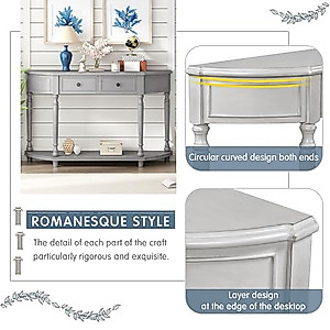 Tidyard Retro Circular Curved Design Console Table with Open Style Shelf Solid Wooden Frame and Legs Two Top Drawers Gray Sofa and Couch End Table for Entryway, Foyer, Living Room, Bedroom Furniture