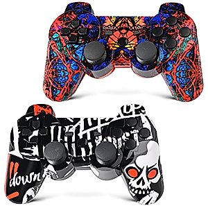 Drimoor 2 Pack Wireless Controller for PS3 - Double Vibration Motion Sense Remote Compatible with Playstation 3 with Charging Cable and Thumb Grip Caps