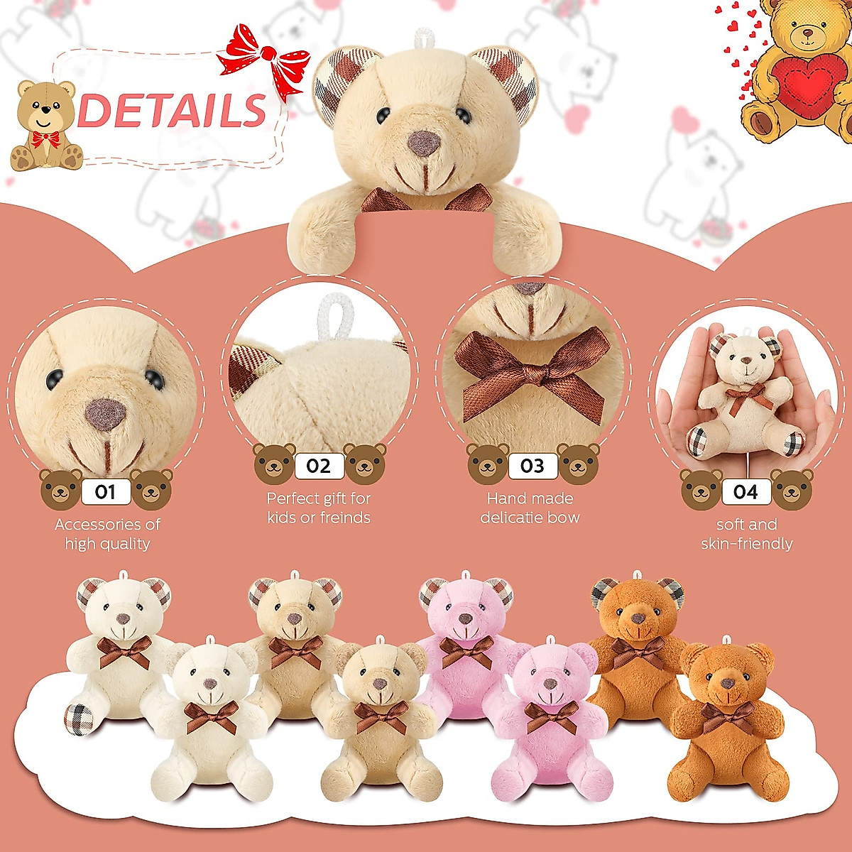 Skylety 16 Pcs Mini Plush Bear Bulk 4 Inch Bear Stuffed Animal Toy Doll Small Soft Bear Keychain for Birthday Baby Shower Wedding Party Favor Decor(Light Brown, Dark Brown, Pink, Beige,Cute)