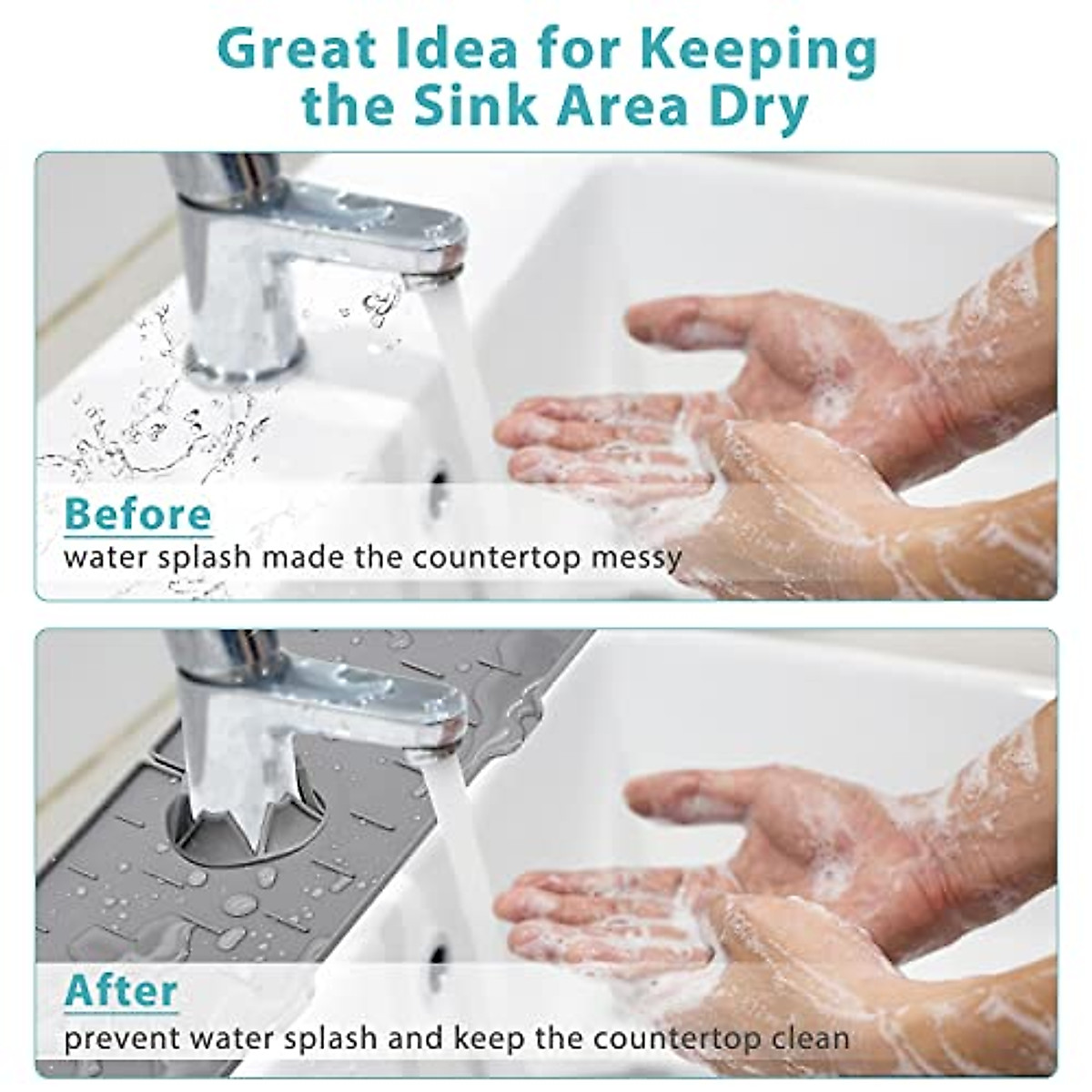 Kitchen Sink Splash Guard,Upgraded Kitchen Guard Silicone Faucet Water Catcher Mat,Silicone Faucet Handle Drip Catcher Tray,Keep Kitchen, Bathroom Sinks Dry (Grey)