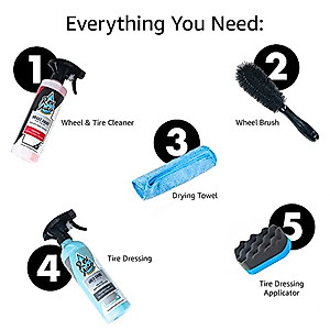 REV Auto Complete Wheel Cleaning Kit - 5 Item Car Washing Kit Includes Car Wheel and Tire Cleaner, Wheel Brush, Tire Shine, Tire Shine Applicator, and Drying Towel/Works for All Wheels & Tires