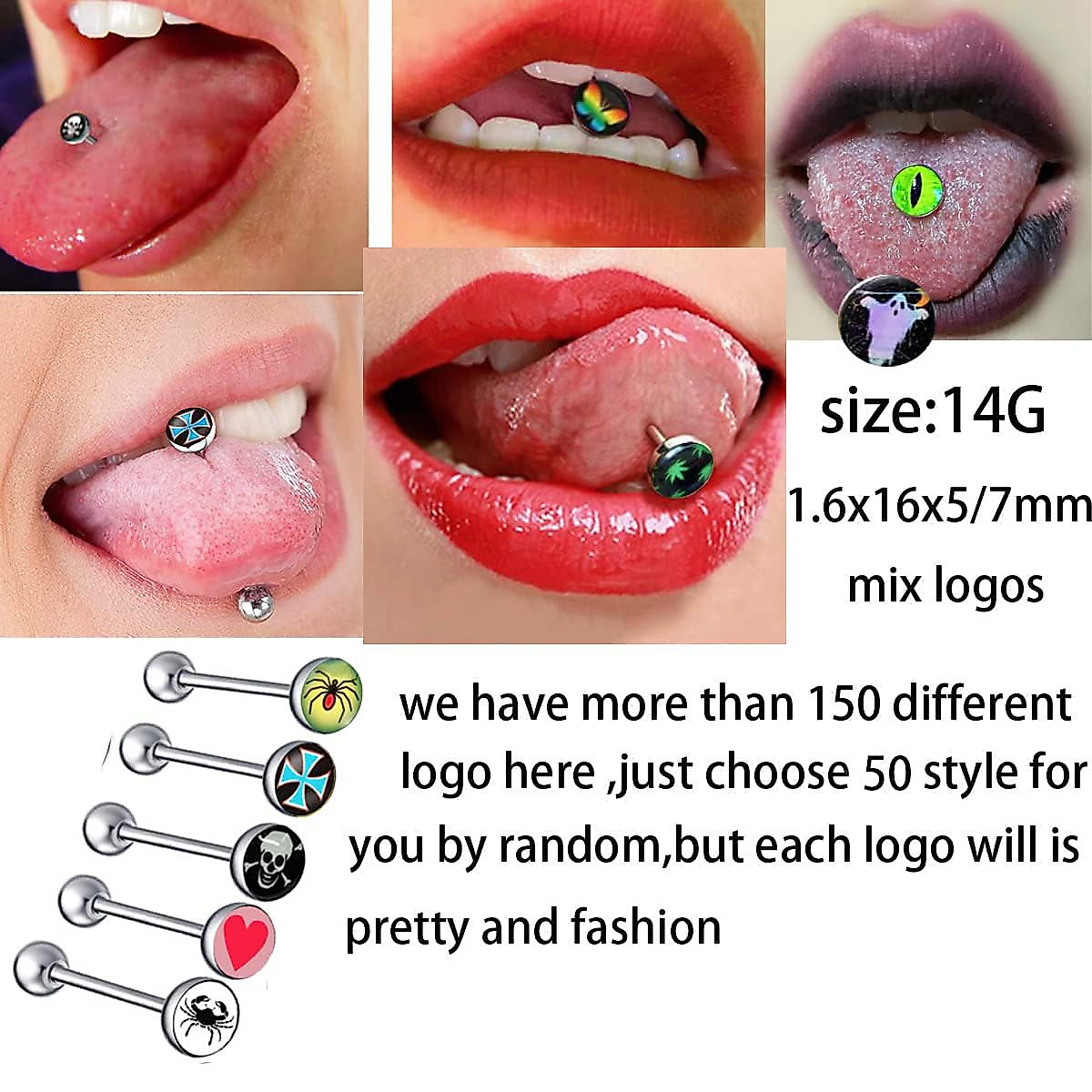 TIANCI FBYJS Lot of Surgical Steel Metal Tongue Rings Barbells Funny Nasty Wordings Picture Logo Signs 14g - Length 5/8" or 16mm (mix logos 40pcs)