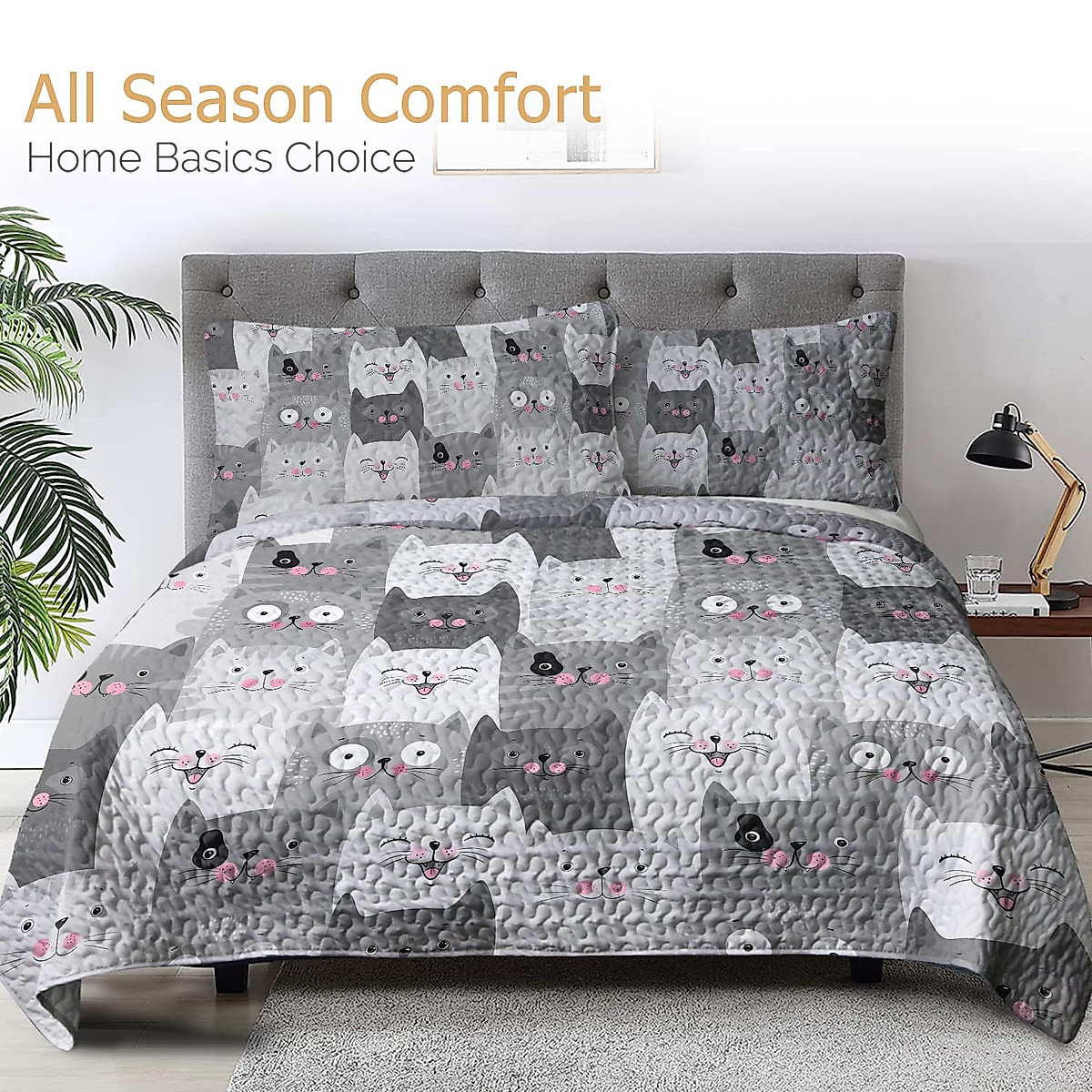 BlessLiving Cat Quilt Set Gray Queen(90"x90"), 3 Pieces(1 Cartoon Cat Pattern Quilt and 2 Pillowcases), 3D Kawaii Cats Bedspread Microfiber Coverlet Sets All-Season for Teens Boys Adults Women