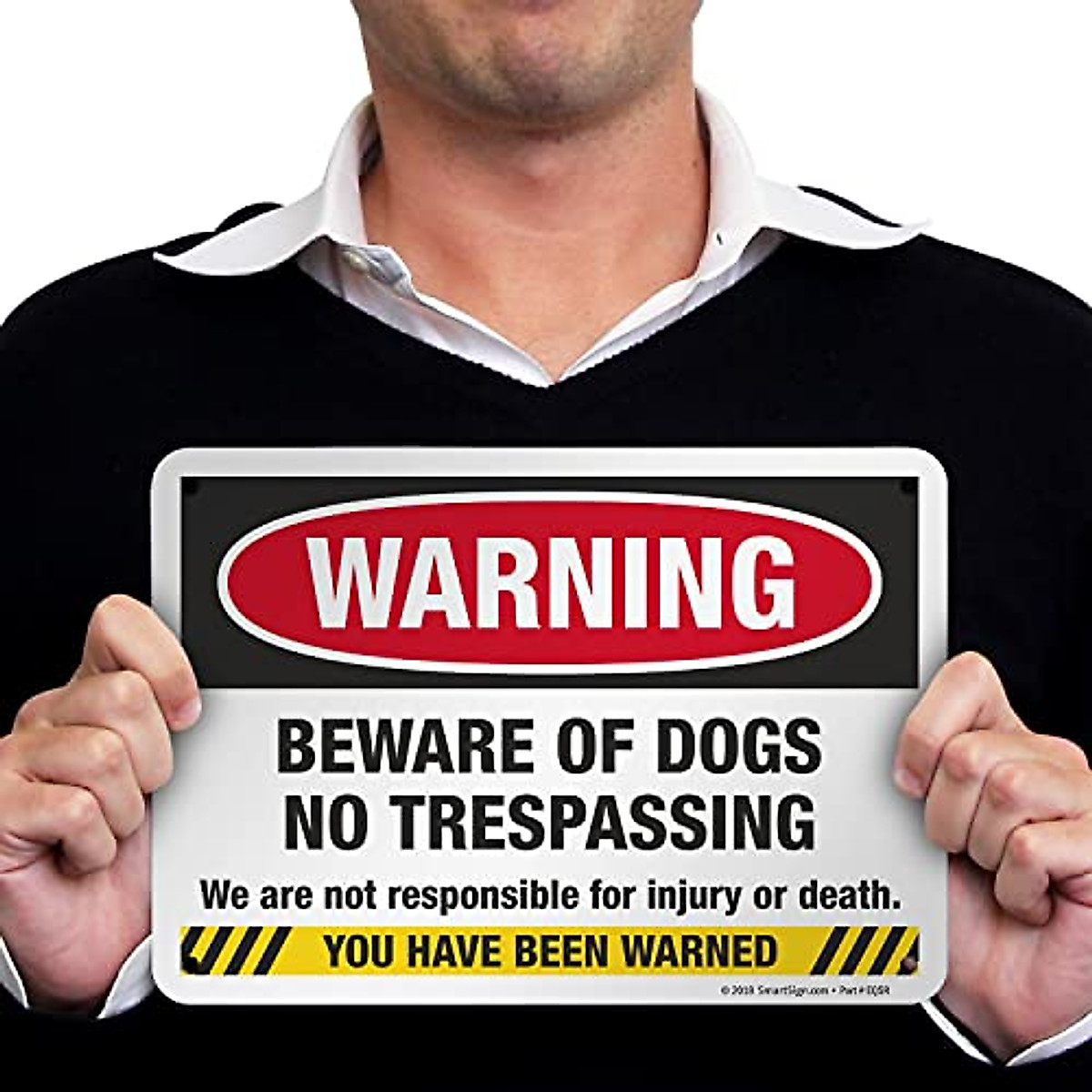 SmartSign 7 x 10 inch “Warning - Beware Of Dogs, No Trespassing, Not Responsible For Injury Or Death” Metal Sign, 40 mil Laminated Rustproof Aluminum, Multicolor