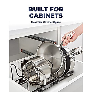BRONYPRO Expandable Pots and Pans Organizer For Kitchen Cabinet, Rustproof Kitchen Organization And Storage Rack with 12 Slots, Anti-Scratch for Baking Sheet, Pans, Lids, Kitchen Must Have (Black)