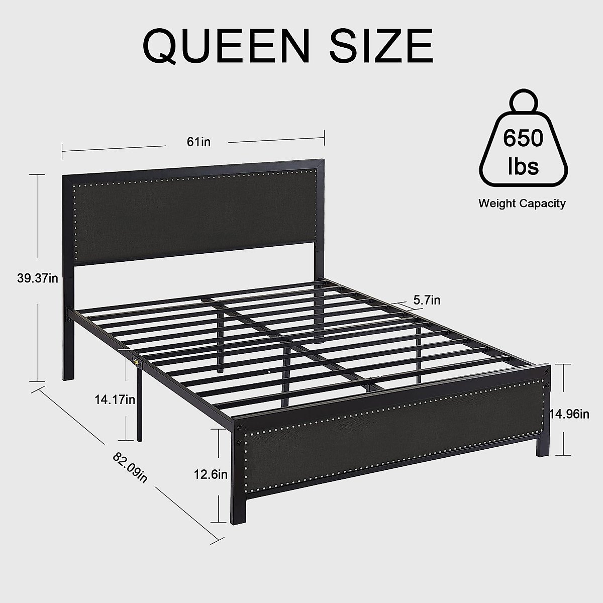 VECELO Queen Size Bed Frame with Linen Fabric Headboard and Footboard, Heavy-Duty Platform with Strong Steel Slats, No Box Spring Needed, Easy Assembly, Black