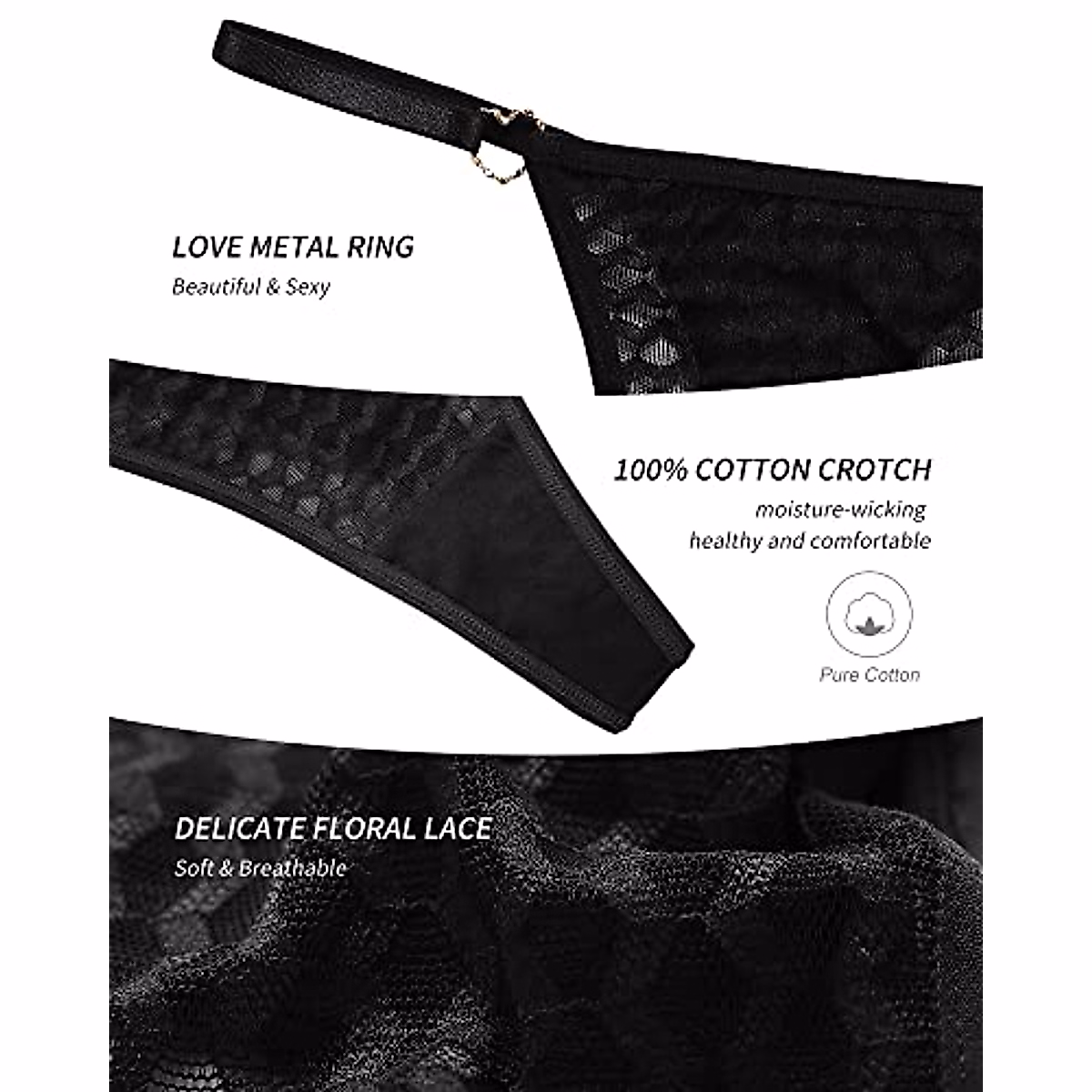 SHARICCA Lace G-String Thong for Women Low Rise Sexy Underwear Comfort T-back Thongs Panties Pack, 3P02,M