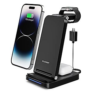 ELEGRP Wireless Charging Station, 3 in 1 Wireless Charger, Foldable Compact Size for iPhone 14/13/12/11/Pro/Max/SE/8 and Android Samsung and Pixel Phone, iWatch and Airpods (with 18w Adapter)