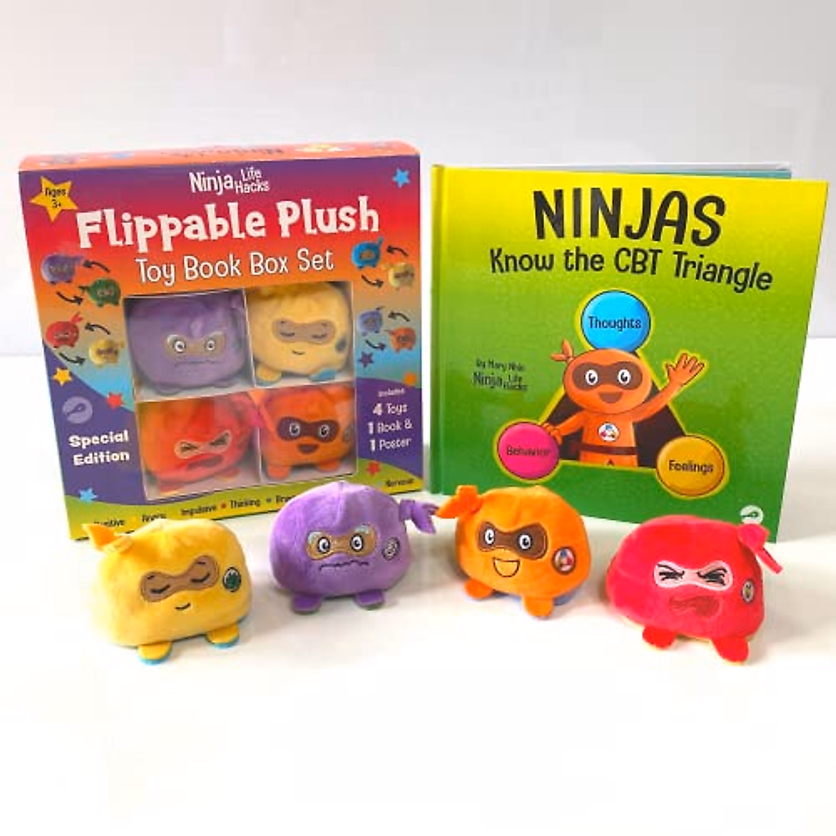 Ninja Life Hacks Flippable Toy CBT Book Box Gift Set (Angry Ninja + Positive Ninja, Nervous + Calm Ninja, Anxious + Brave Ninja, Thinking + Impulsive Ninja)