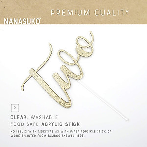 NANASUKO 2nd Birthday Cake Topper - Two - Double Sided Gold Glitter - Premium Quality Made in USA