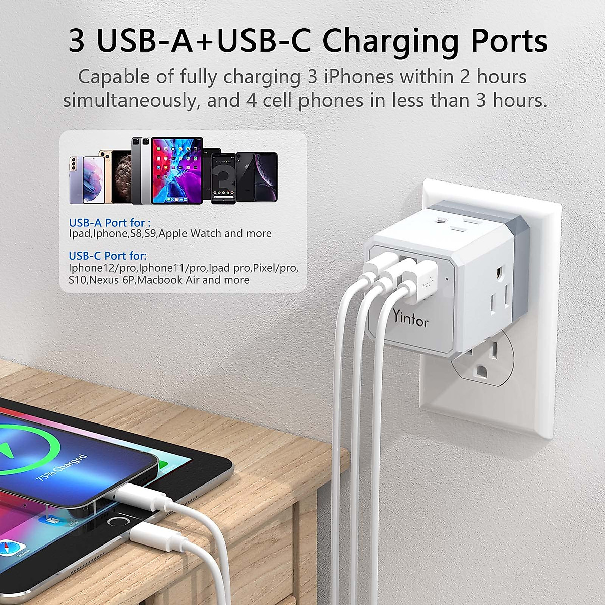 Multi Plug Outlet, Yintar 3-Outlet Extender USB Wall Charger with 3 USB Ports(2U1C), No Surge Protector for Cruise Ship, Home, Office, ETL Listed, Ideal Stocking Stuffers for Adults