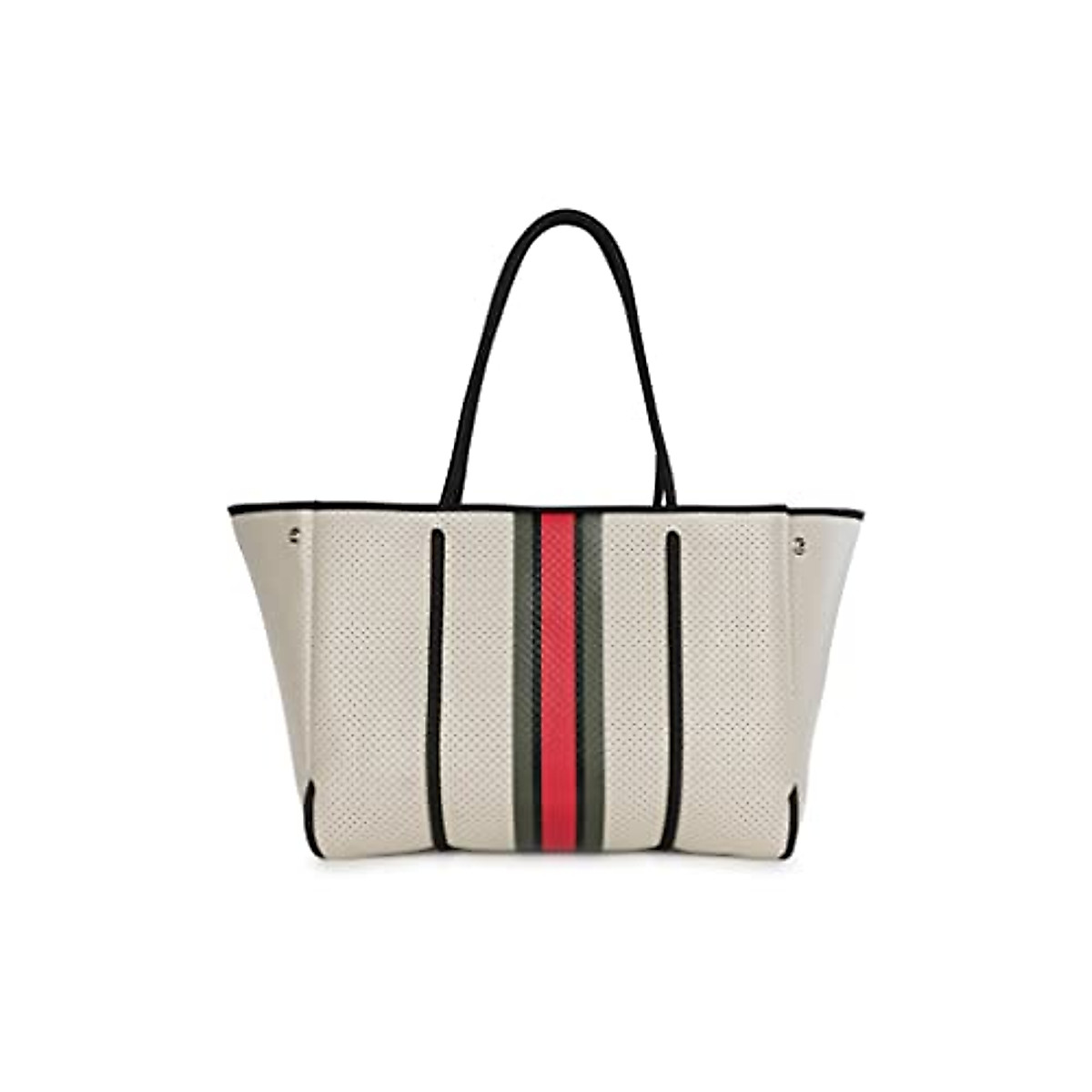 Haute Shore - Greyson Roma Neoprene Tote Bag w/Zipper Wristlet Inside, Beige W/Olive, Black, & Red Stripe