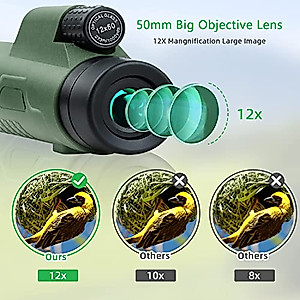 12x50 Monocular Telescope for Adults with Smartphone Adapter Tripod Hand Strap, Lightweight High Power BAK-4 Prism & FMC Lens Monoculars for Bird Watching Hunting Camping Hiking Travel Scenery