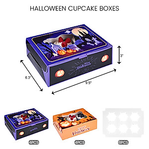 JOHOUSE 6 Count Halloween Cupcake Boxes, 8 Sets Bakery Boxes with Window Halloween Treat Boxes Cupcake Carrier for Birthday Holiday Bakery Supplies Halloween Party Decorations 9.5"x6.3"x3"