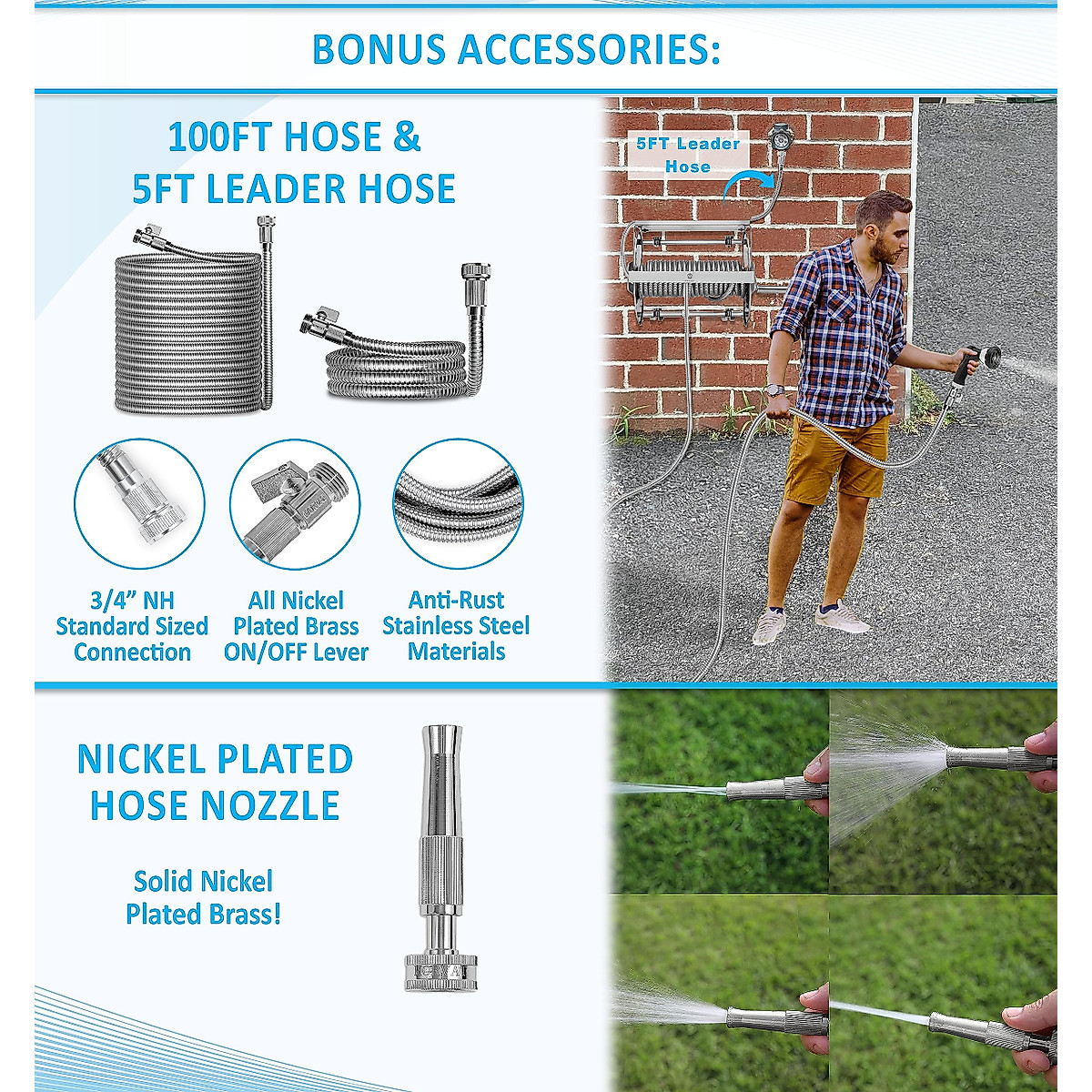 Morvat Stainless Steel Garden Hose Reel 150FT Hose Capacity Retraceable With Crank Handle, Heavy Duty Wall/Floor Mounted Water Hose, Includes 100FT Stainless-Steel Hose with On/Off Valve & Nozzle