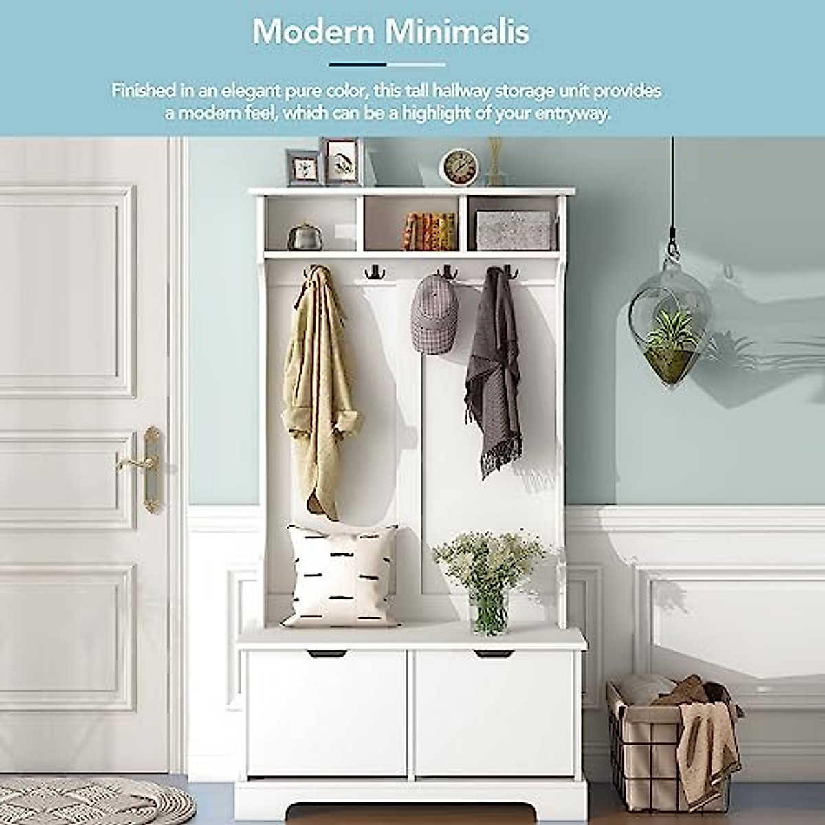 CuisinSmart All in One Hall Tree with 3 Top Shelves and 2 Flip Shoe Storage Drawers, Entryway Coat Garment Rack Storage, Hall Tree with Bench and Shoe Storage, White