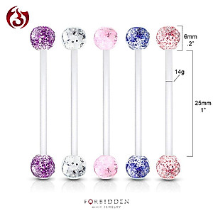 Forbidden Body Jewelry 1" 14G Flexible Bioflex Pregnancy Belly Ring with 6mm Glitter Balls, 5pc Clear/Blue/Pink/Purple/Red