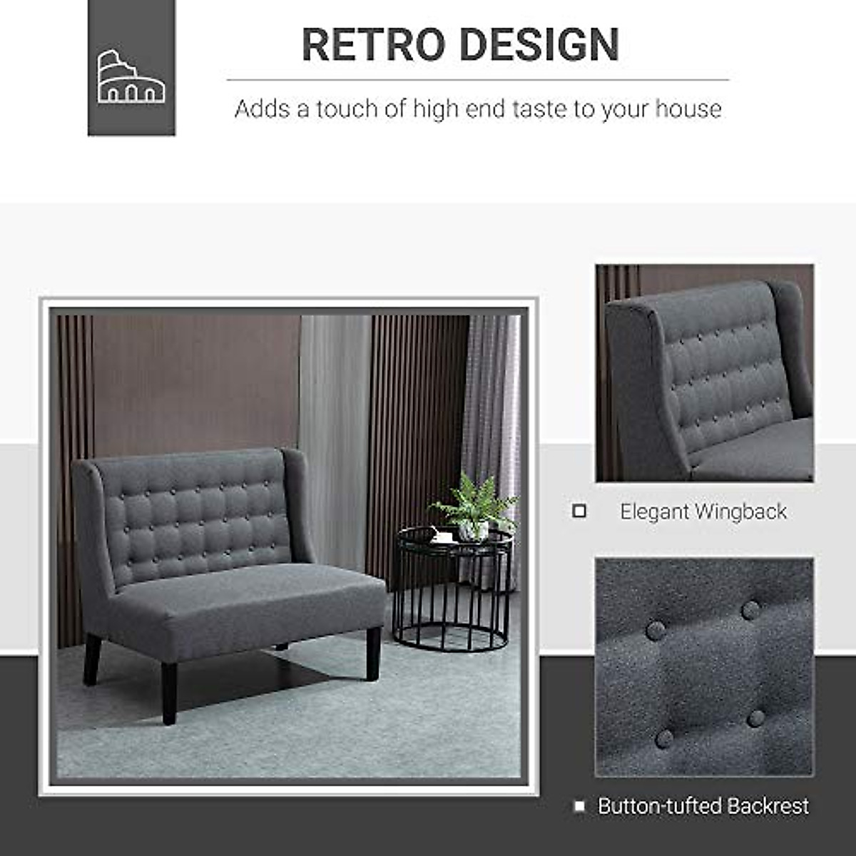 HOMCOM Wingback Double Sofa Linen Fabric Upholstery Button Tufted Loveseat Armless Couch Modern Contemporary Living Room Settee with Wood Legs, Grey