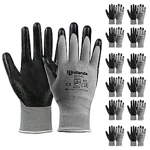 ANDANDA 12 Pairs Work Gloves, Smart Touch, 3D Comfort Stretch Fit, Nitrile Coated Work Gloves with Grip, Seamless Knit Nylon Work Gloves Men Suitable for Warehousing, Logistics, Handling, Black（XL）