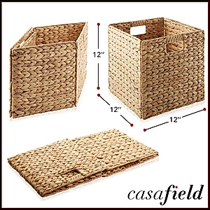 Casafield 12" x 12" Water Hyacinth Storage Baskets, Natural - Set of 6 Collapsible Cube Organizers, Woven Bins for Bathroom, Bedroom, Laundry, Pantry, Shelves